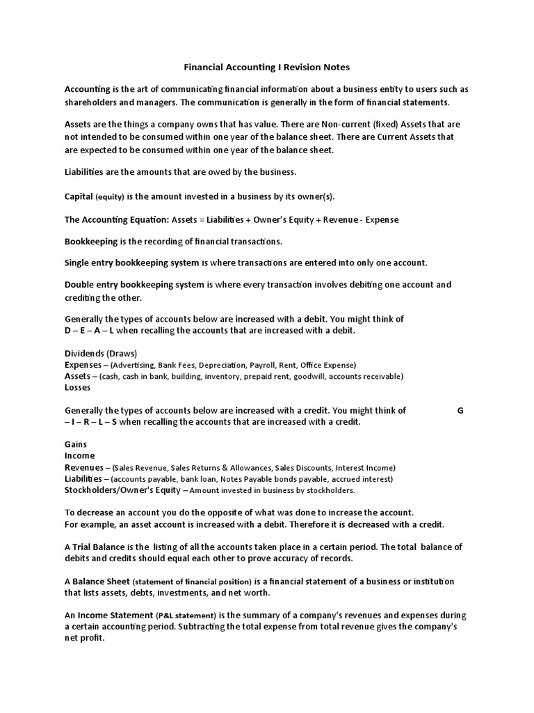 Financial Accounting I Revision Notes | PDF | Debits And Credits ...