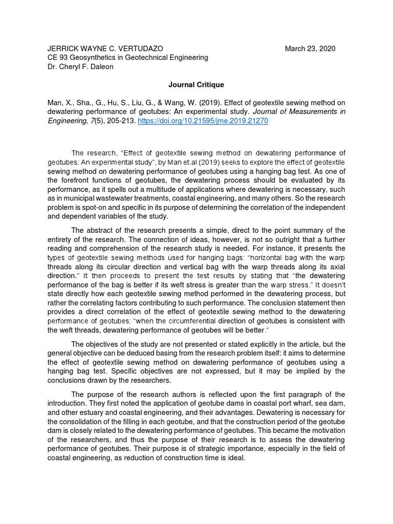 Sample Journal Critique On Geosynthetics | PDF | Stress (Mechanics ...