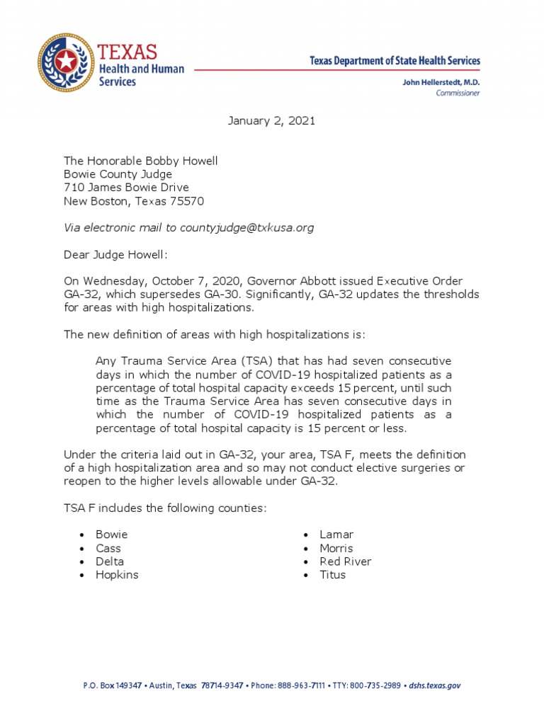 DSHS Letter To Bowie County Judge GA-32 50 Percent Occupancy For ...