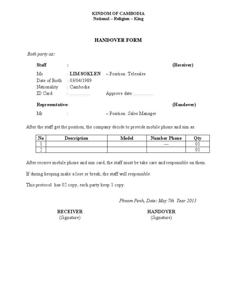 Handover Form: Both Party As | PDF