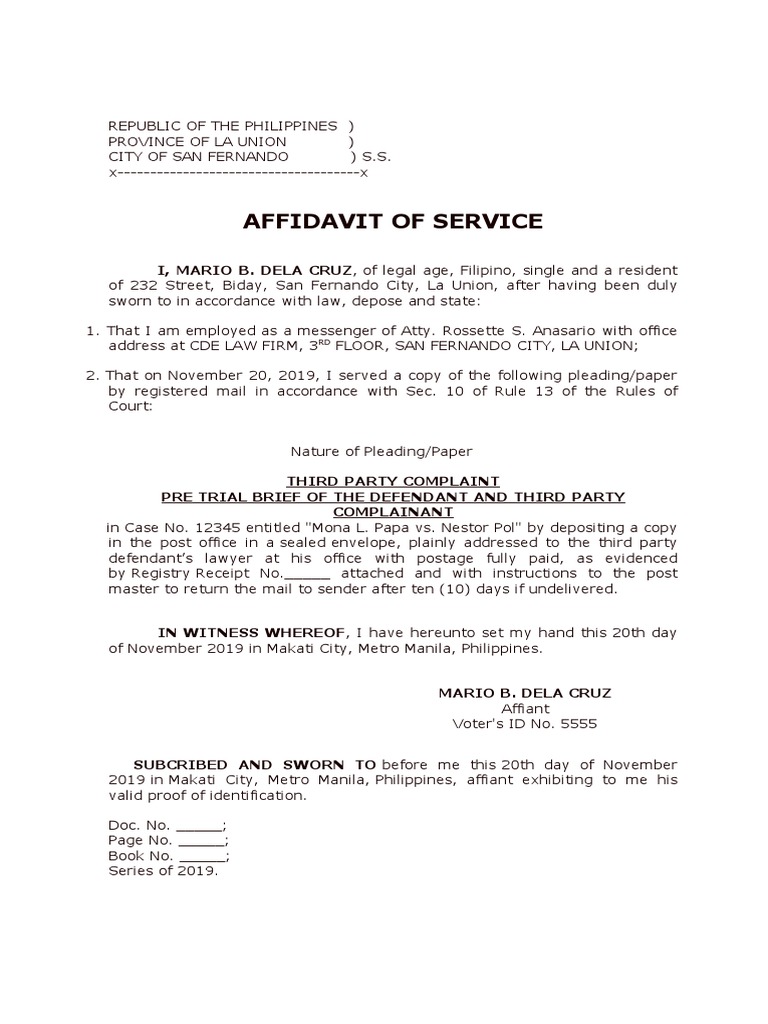 Affidavit of Service by Mario Dela Cruz | PDF
