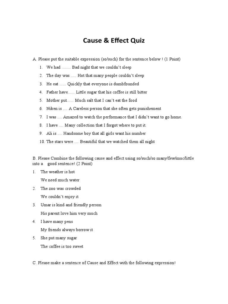 Cause & Effect Quiz | PDF