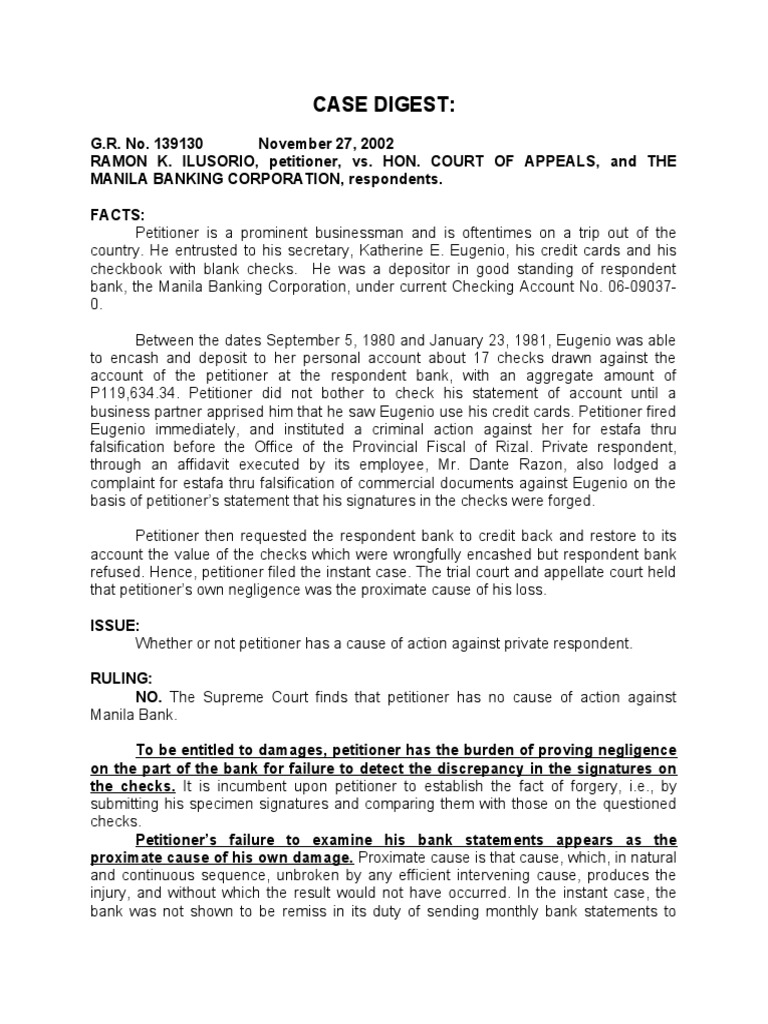 Case Digest | PDF | Signature | Negligence