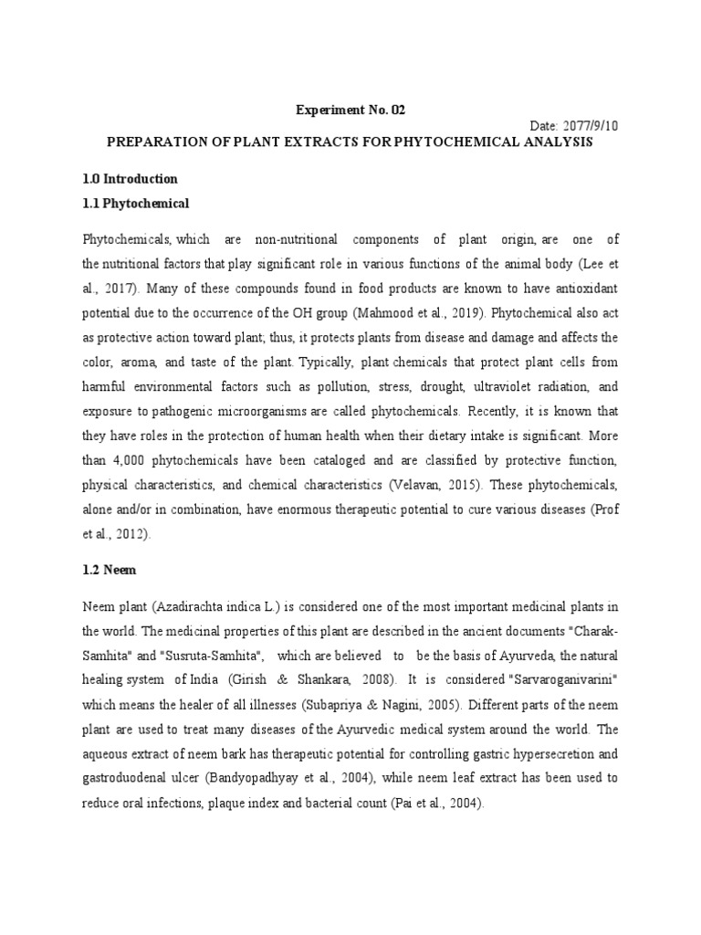 Experiment No. 02 Preparation of Plant Extracts For Phytochemical ...