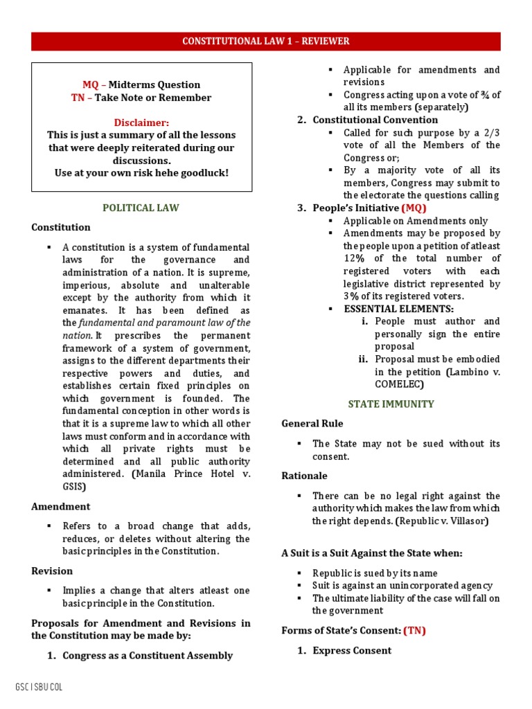Constitutional Law 1 NOTES PDF | PDF | Separation Of Powers Under The ...