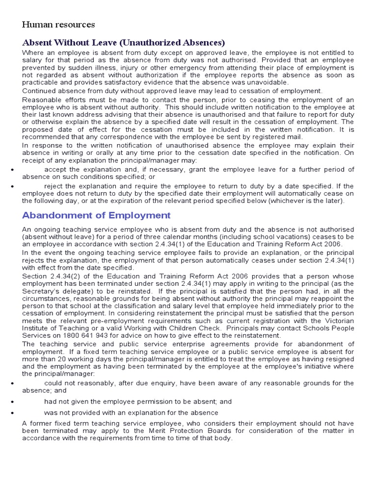 Absent Without Leave (Unauthorized Absences) : Human Resources ...