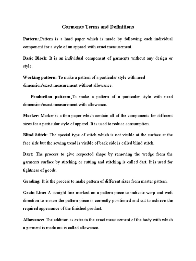 Garments Terms & Definition | PDF | Sewing | Seam (Sewing)