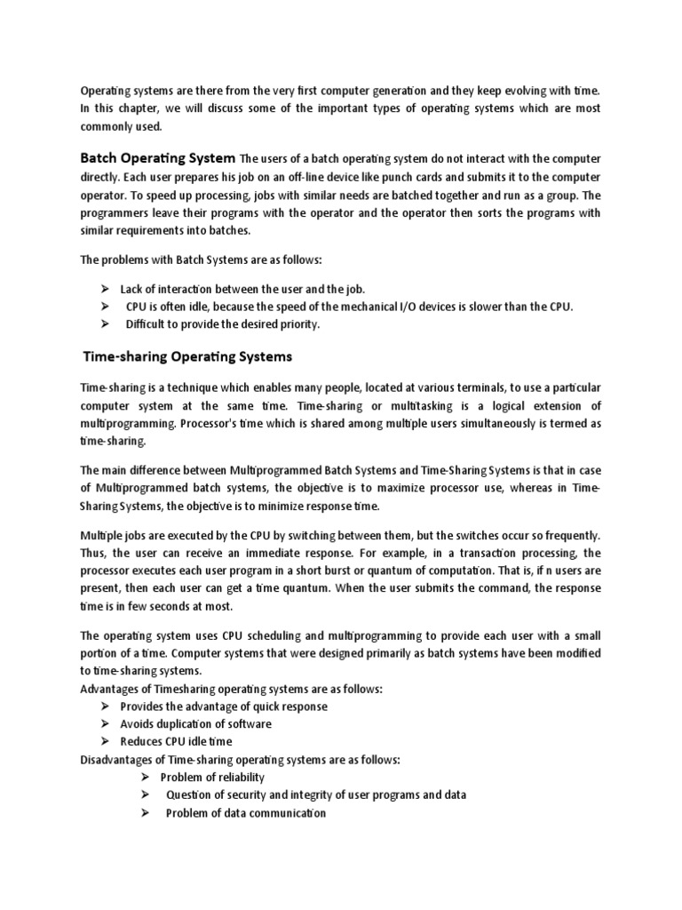 An Overview Of Batch Operating Systems Time Sharing Systems Distributed Systems Network