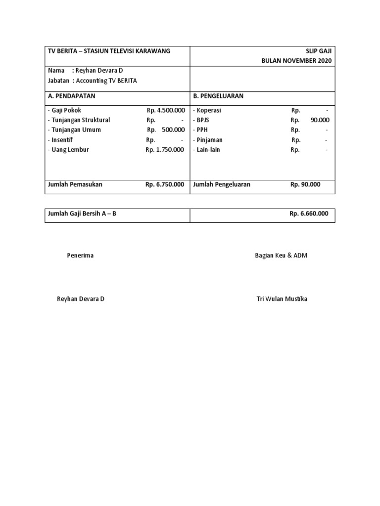 Slip Gaji November 2020 Reyhan | PDF