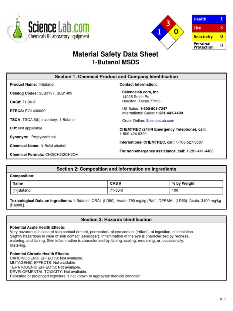 Material Safety Data Sheet: 1-Butanol MSDS | PDF | Toxicity | Explosion