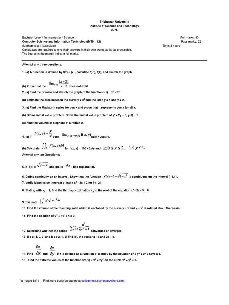 Mathematics I Calculus 2075 Questionpaper | PDF | Function (Mathematics ...