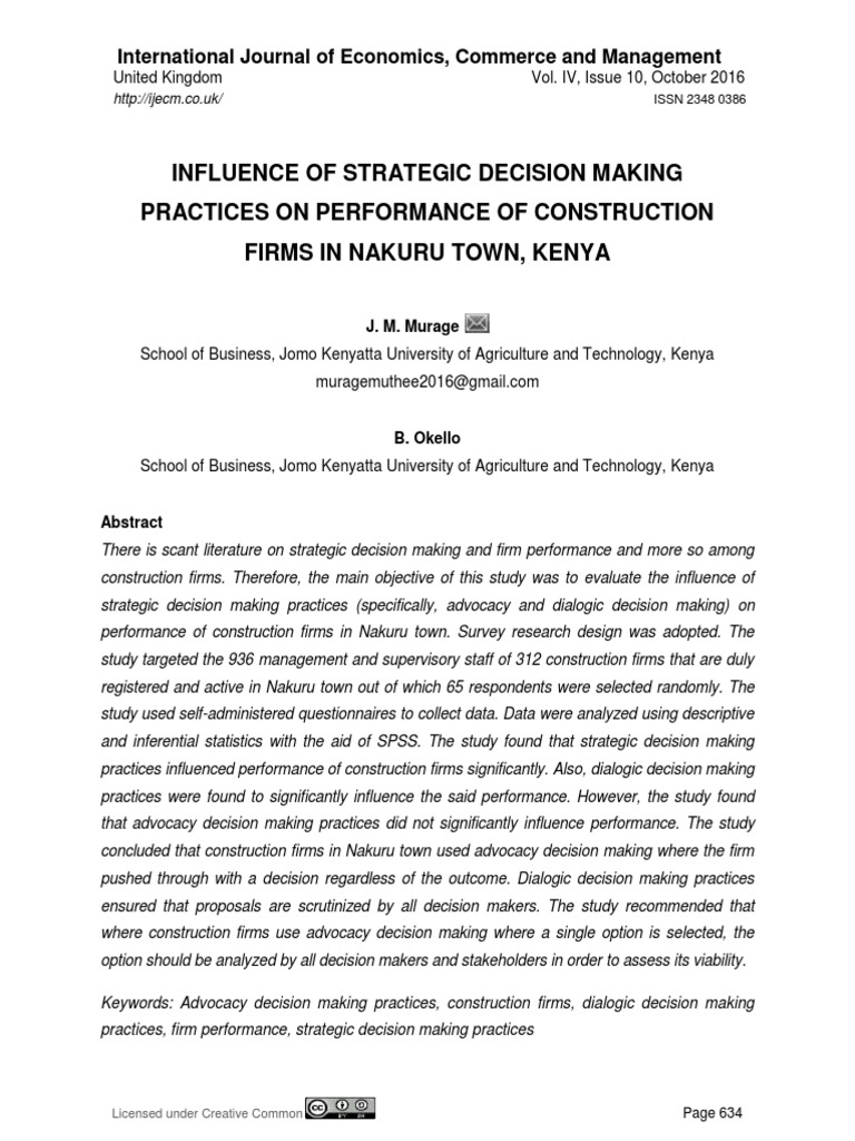 Influence of Strategic Decision Making Practices On Performance of ...