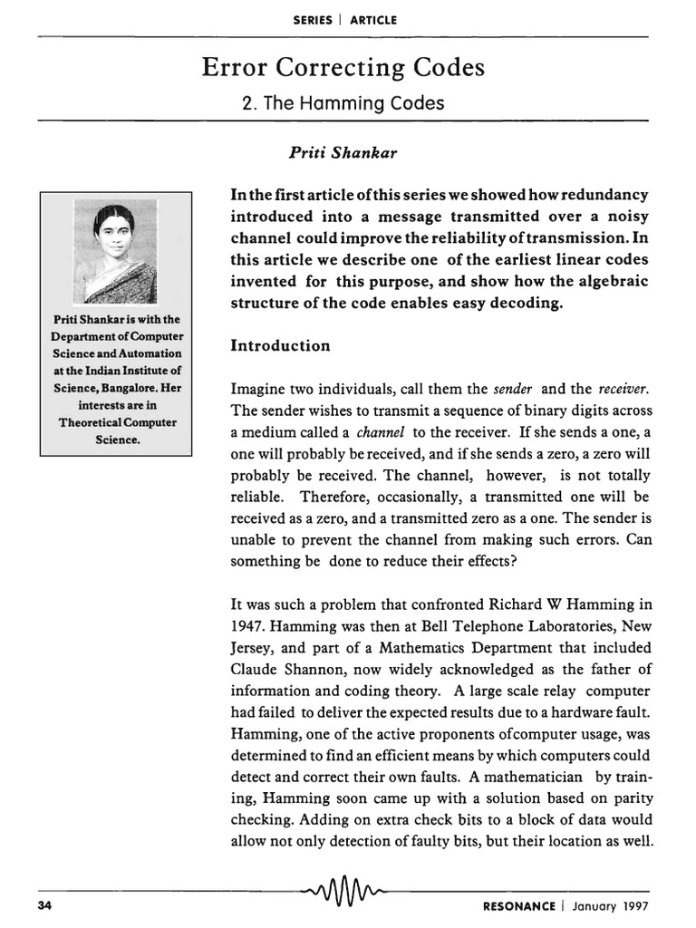 Error Correcting Codes: - 34 - R-E-S-O-N-A-N-C-E-I - Ja-n-u-a-rY - 19-9-7 | PDF ...