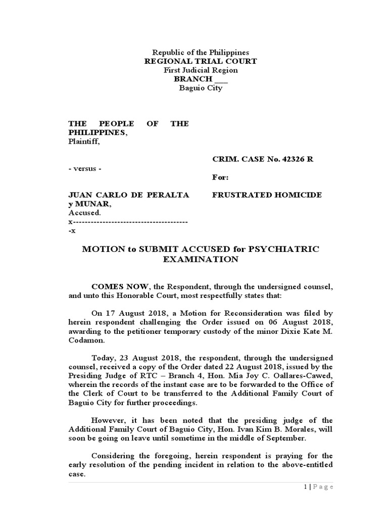 Motion Psychiatric Examination (Manuel) | PDF | Courts | Social Institutions