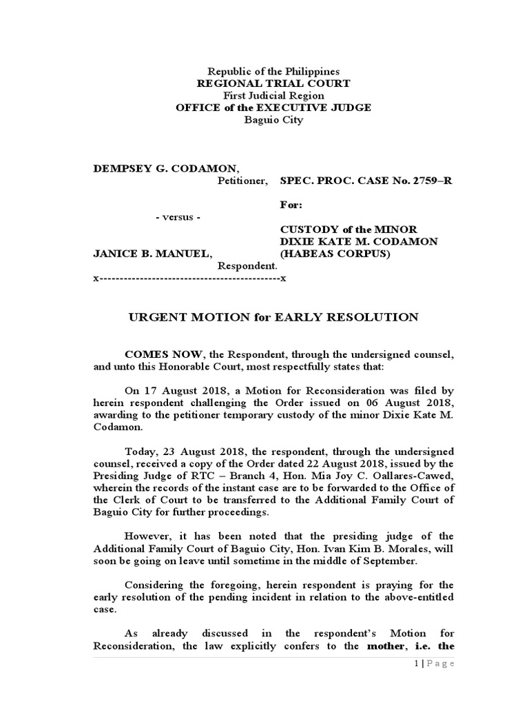 Motion For Early Resolution (Manuel) | PDF | Constitutional Law ...