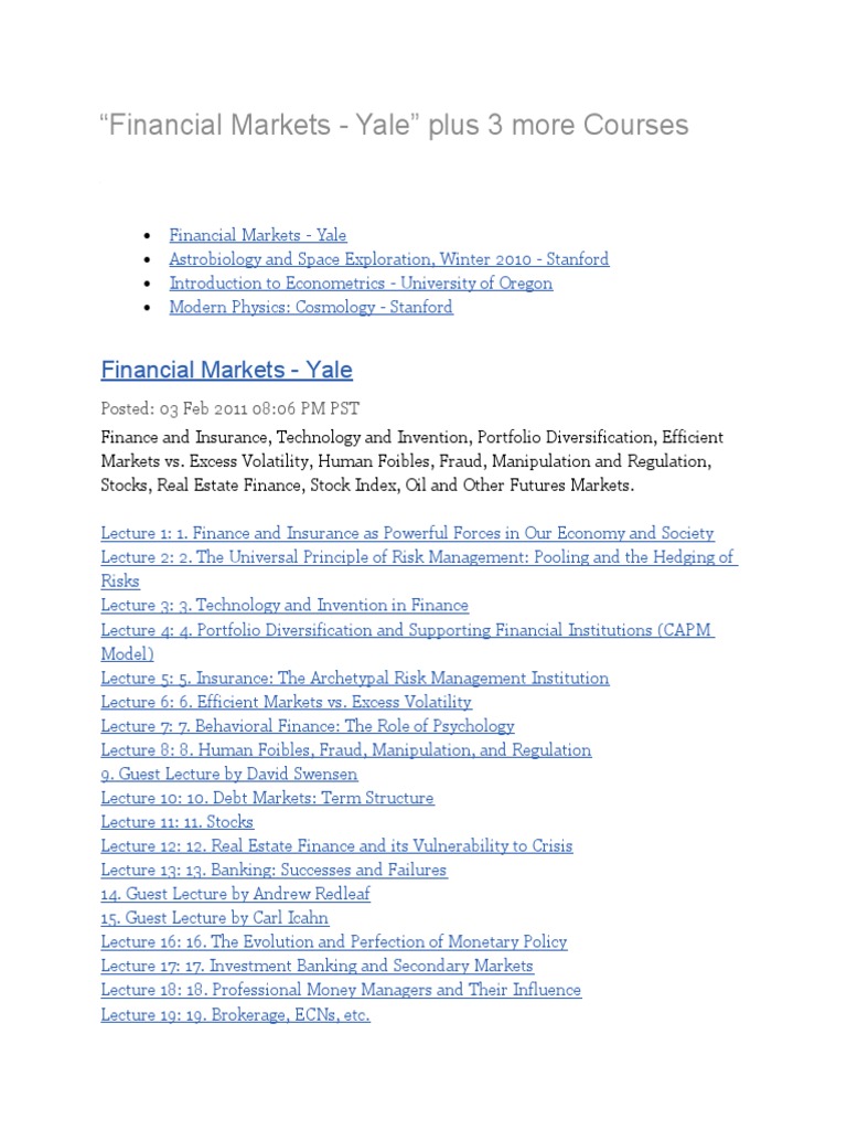 "Financial Markets - Yale" Plus 3 More Courses | PDF | Futures Contract ...