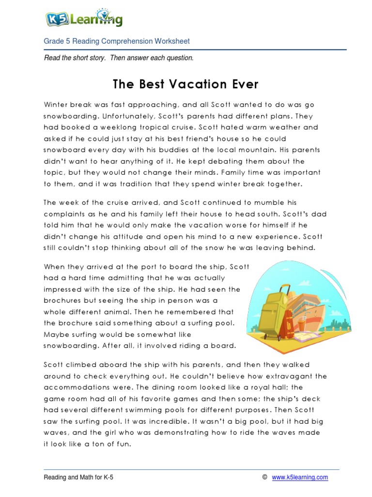 The Best Vacation Ever: Grade 5 Reading Comprehension Worksheet | PDF
