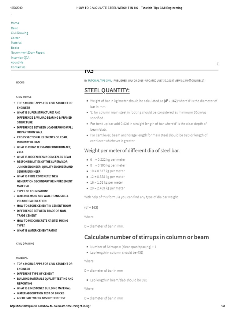 HOW TO CALCULATE STEEL WEIGHT IN KG - Tutorials Tips Civil Engineering ...