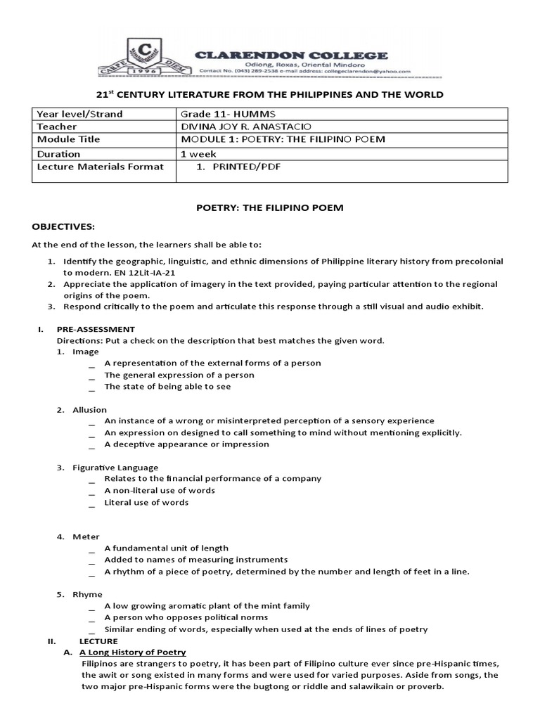 Grade 11 HUMMS: Filipino Poetry | PDF | Philippines | Poetry