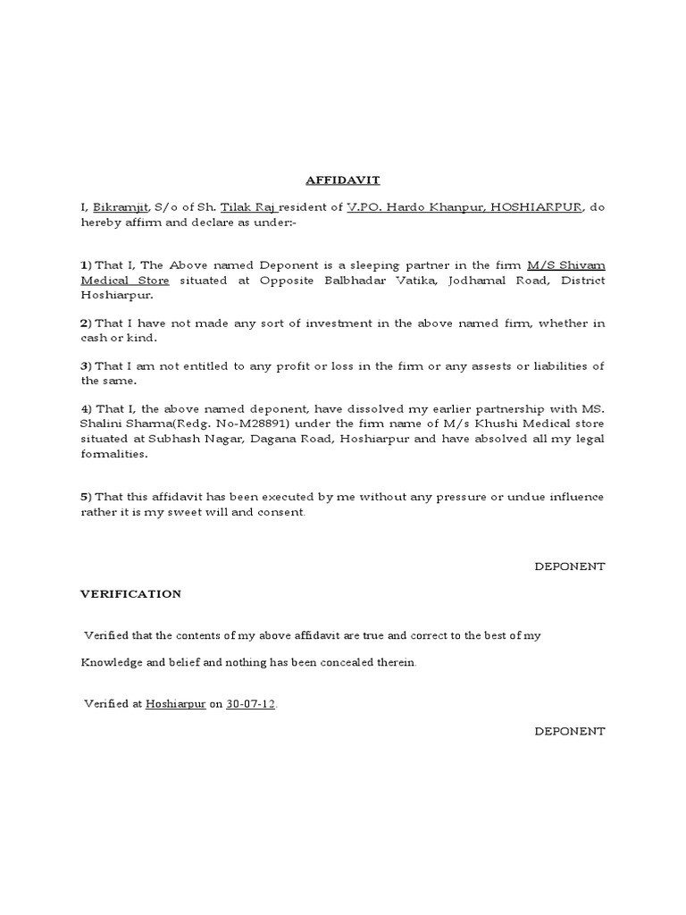 Affidavit - Bikramjit Dissloved P Ship | PDF