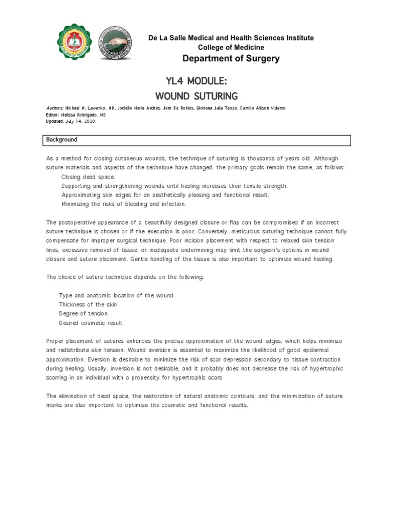Yl4 Module: Wound Suturing: Department of Surgery | PDF | Surgical ...