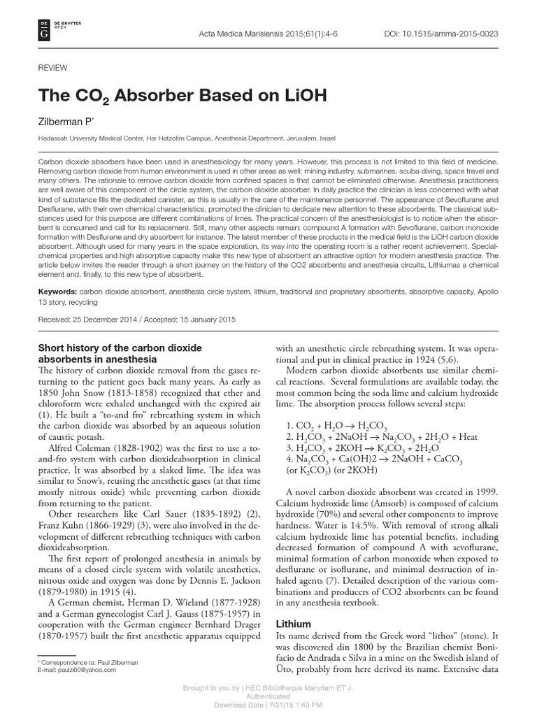 LiOH CO2 Absorber in Anesthesia | PDF | Anesthesia | Chemical Substances