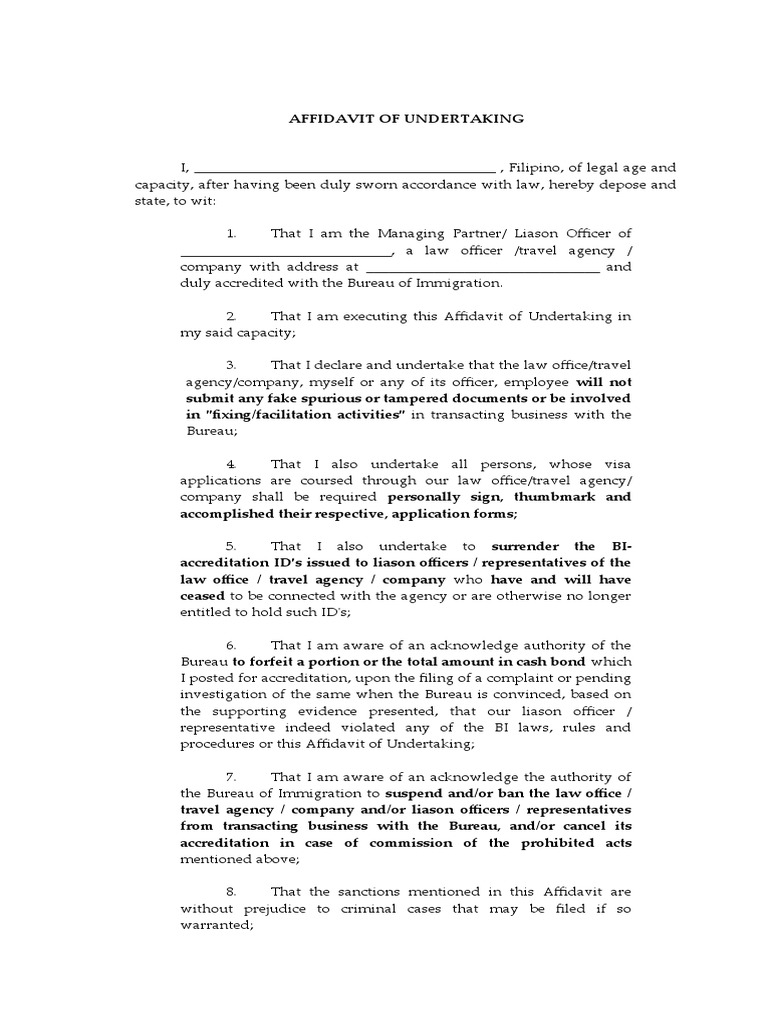 Template Affidavit of Undertaking To Bureau of Immigration | PDF ...