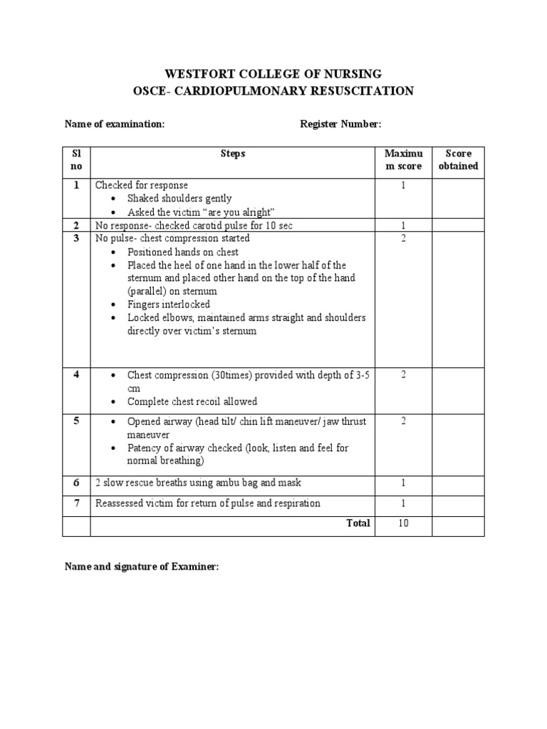 Westfort College of Nursing Osce-Cardiopulmonary Resuscitation | PDF