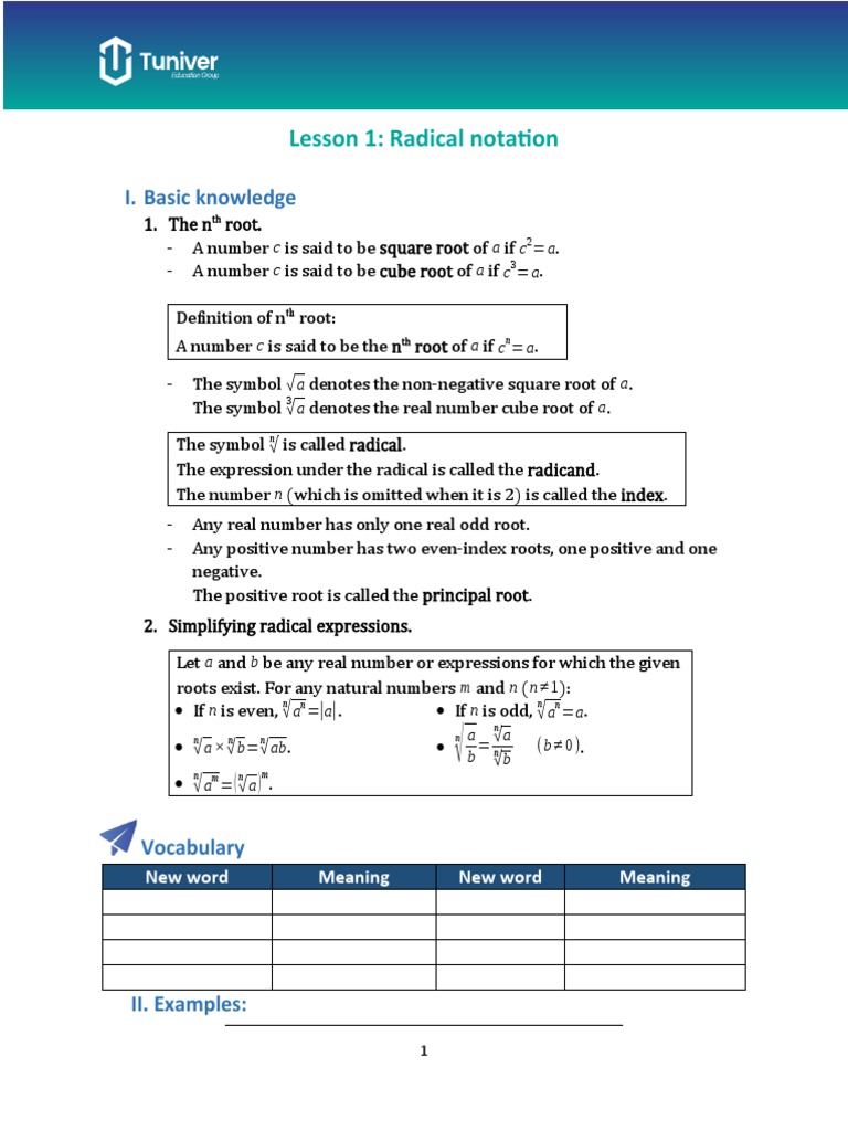 Lesson 1: Radical Notation: I. Basic Knowledge | PDF | Area | Metrology