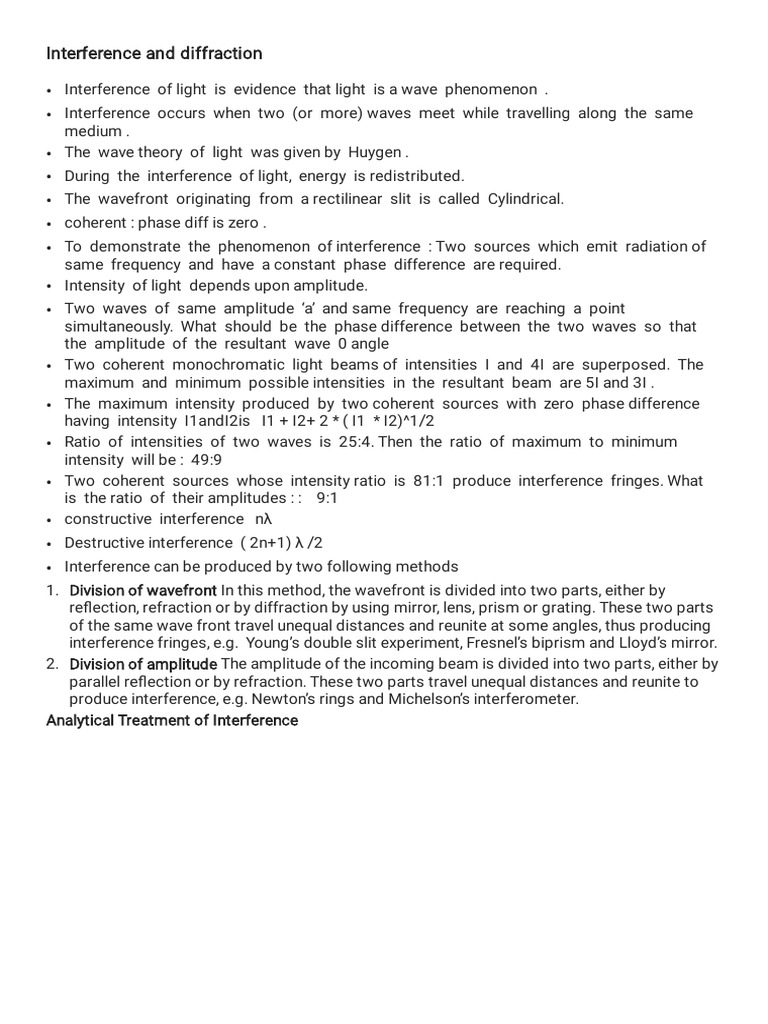 Interference and Diffraction: Division of Wavefront | PDF