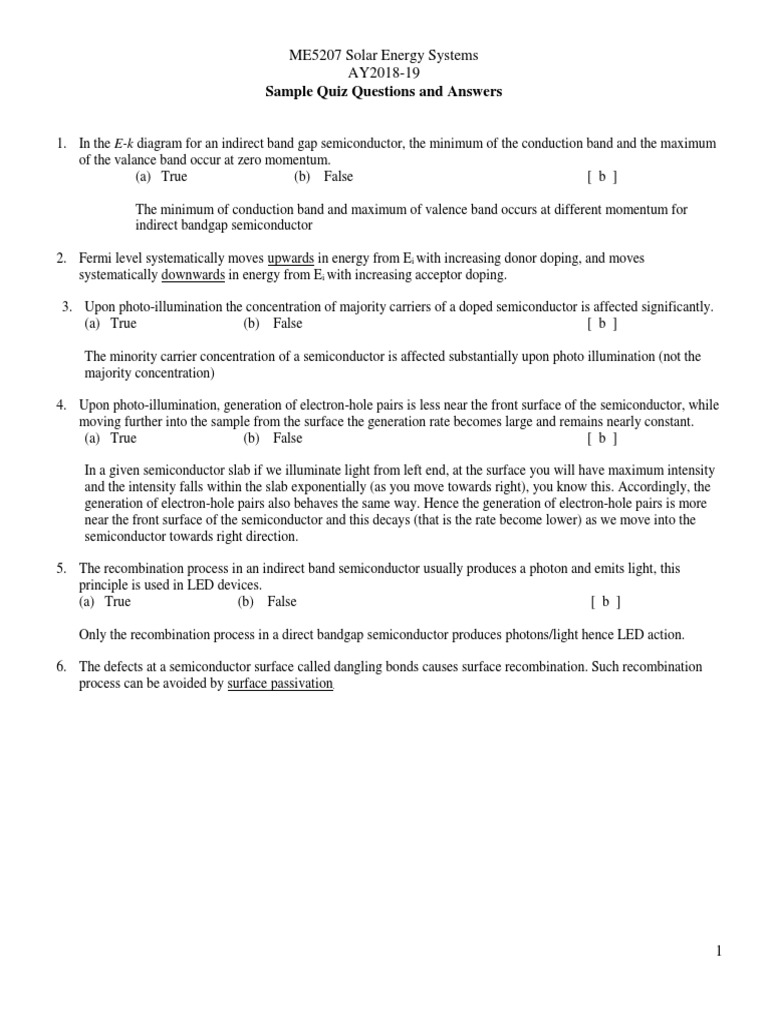 Sample Quiz Questions - AY2018-19 - With Answers | PDF | Semiconductors | Band Gap