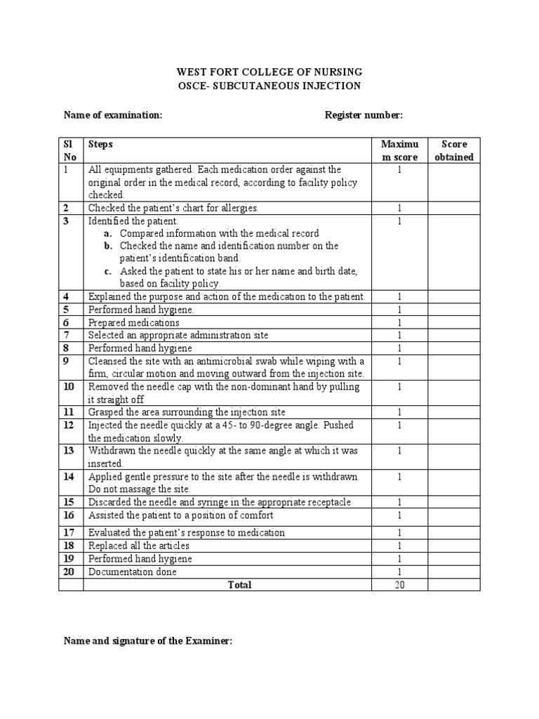 OSCE Subcutaneous Injection Skills | PDF | Injection (Medicine ...