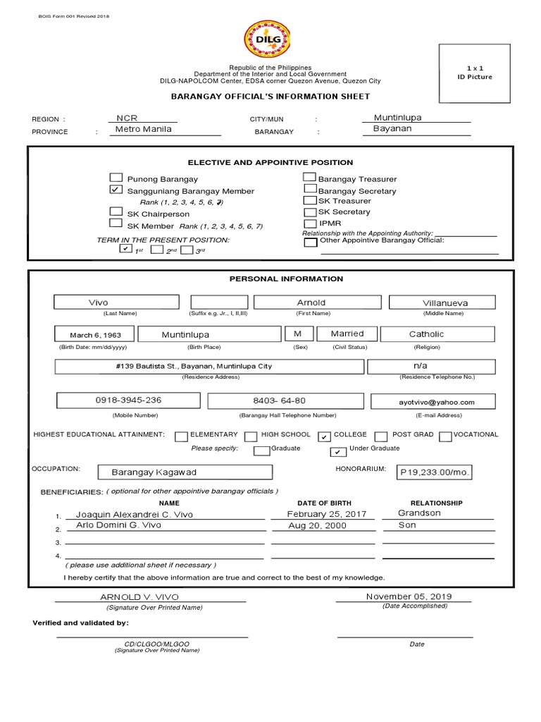 1 X 1 ID Picture: Barangay Official'S Information Sheet | Download Free ...