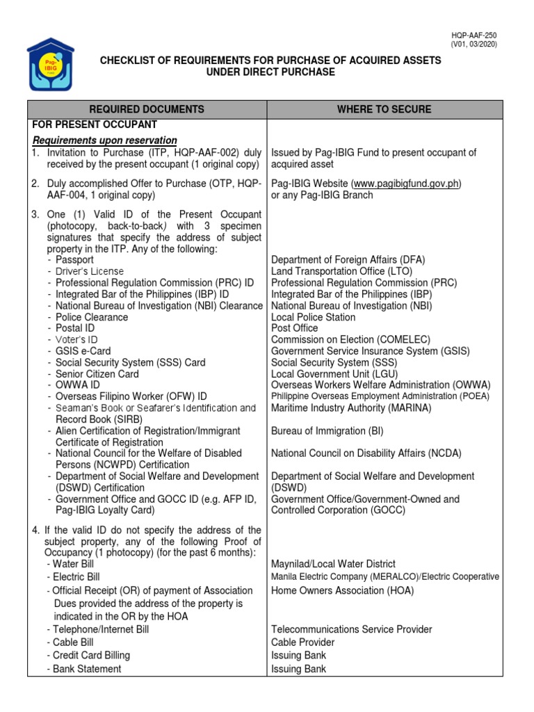 Requirements Upon Reservation: Checklist of Requirements For Purchase ...