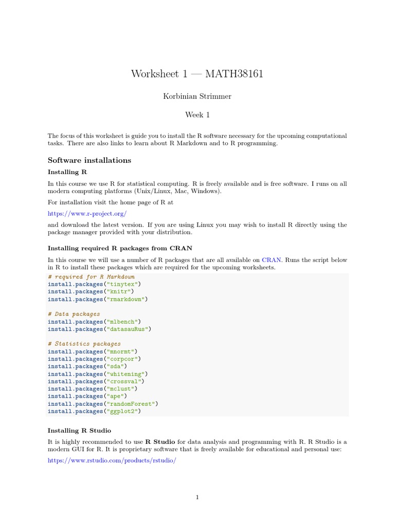 Worksheet 1 - MATH38161: Software Installations | PDF | R (Programming ...