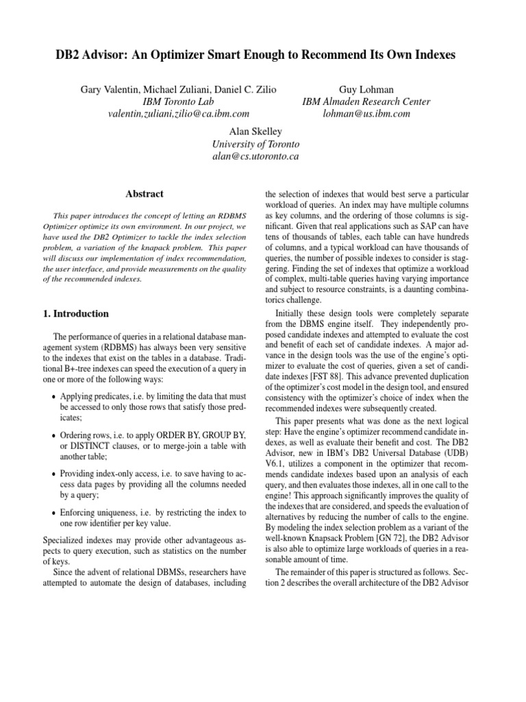 DB2 Advisor: An Optimizer Smart Enough To Recommend Its Own Indexes | PDF | Database Index ...