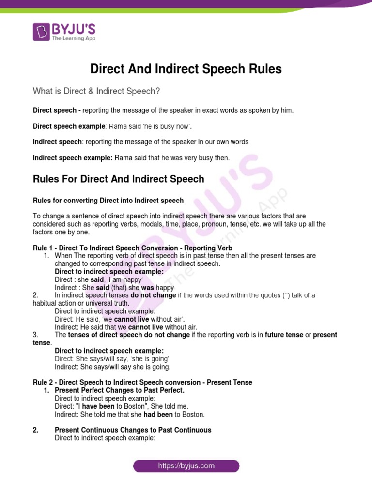 Direct and Indirect Speech Rules | PDF | Grammatical Tense | Verb