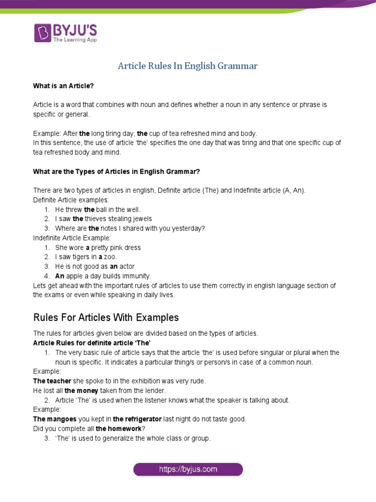 Article Rules in English Grammar: Rules For Articles With Examples ...
