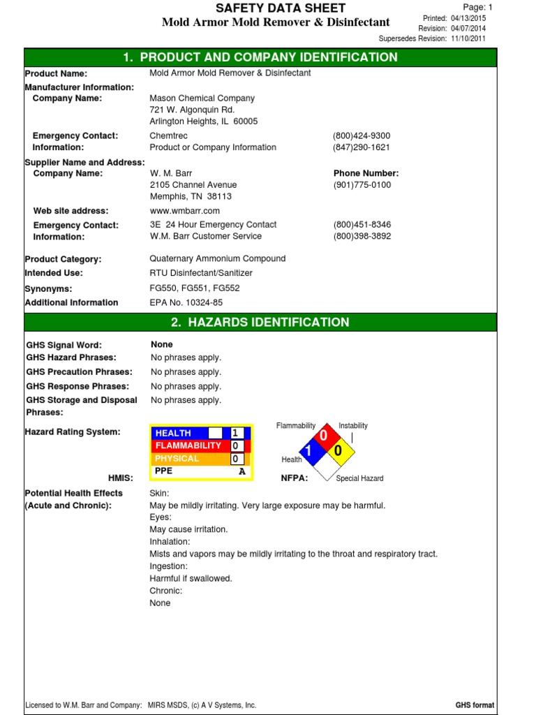 Mold Armor Disinfectant Safety Data Sheet | PDF | Occupational Safety ...
