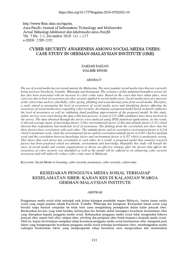 Cyber Security Awareness Among Social Media Users: Case Study in German-Malaysian Institute (Gmi ...