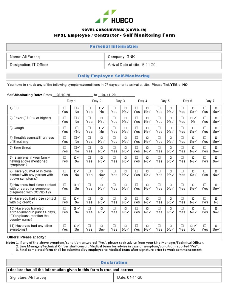COVID-19 - Self Monitoring Form | PDF | Respiratory Diseases | Public ...