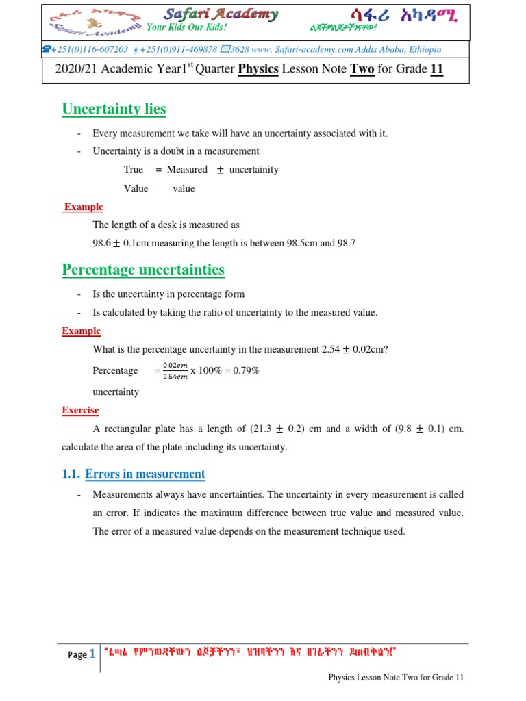 Physics Lesson Note Two For Grade 11 | PDF | Accuracy And Precision | Observational Error