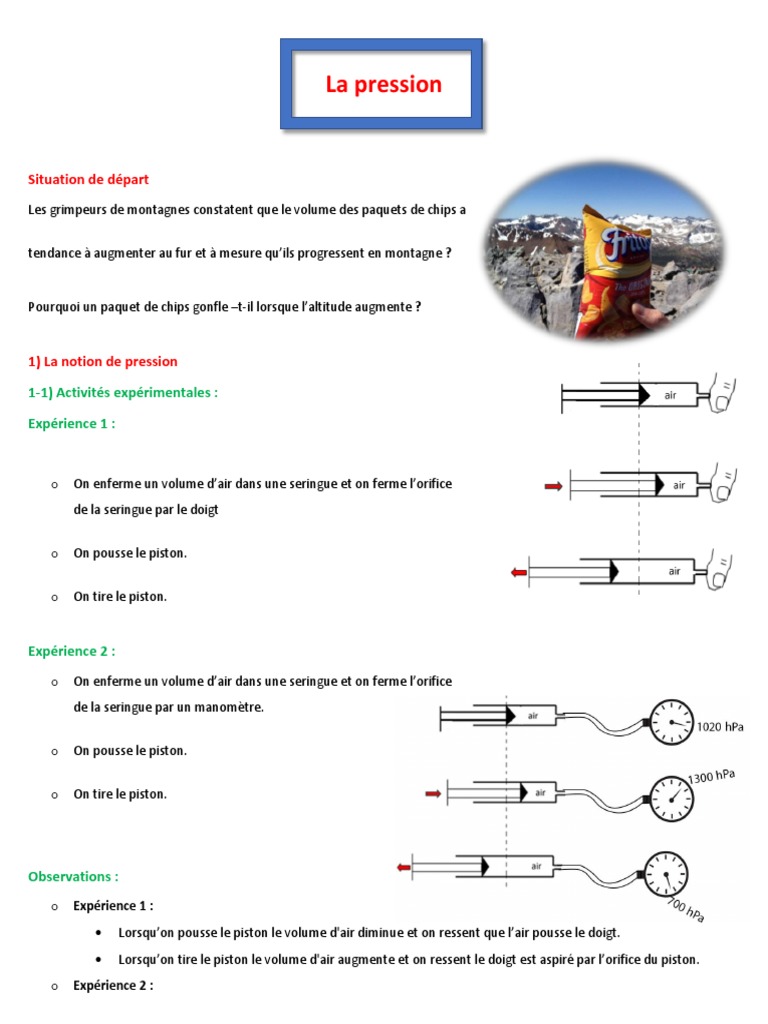 Notion de pression et pression atmosphérique | PDF | Pression ...