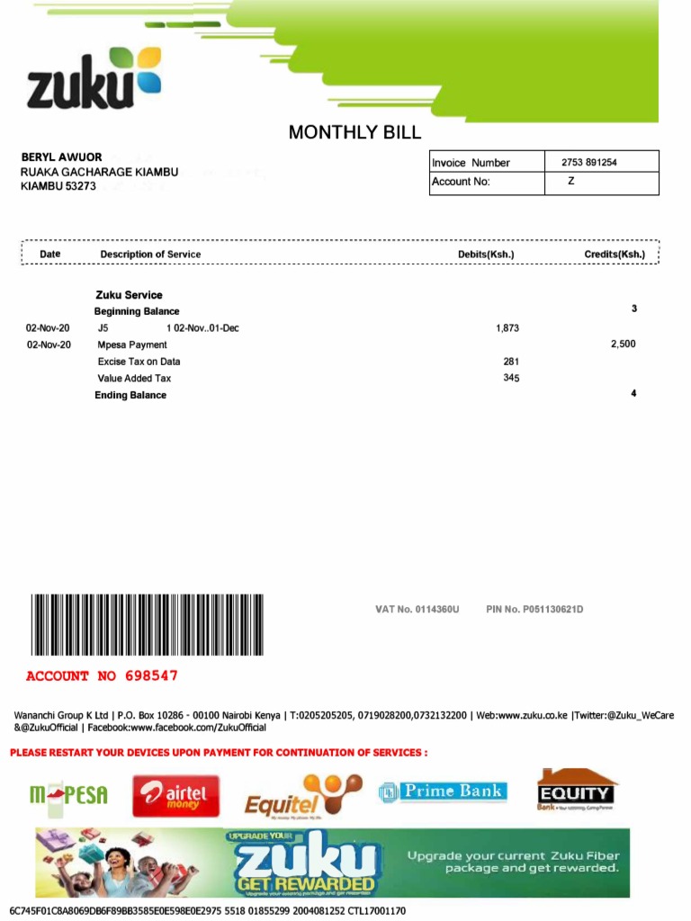 Zuku Bill | PDF | Business Documents | Accounting