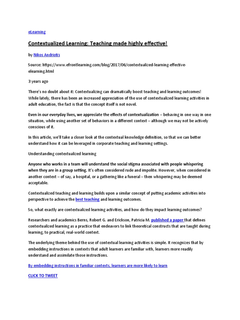 Contextualized Learning: Teaching Made Highly Effective!: Elearning | PDF | Learning Theory ...