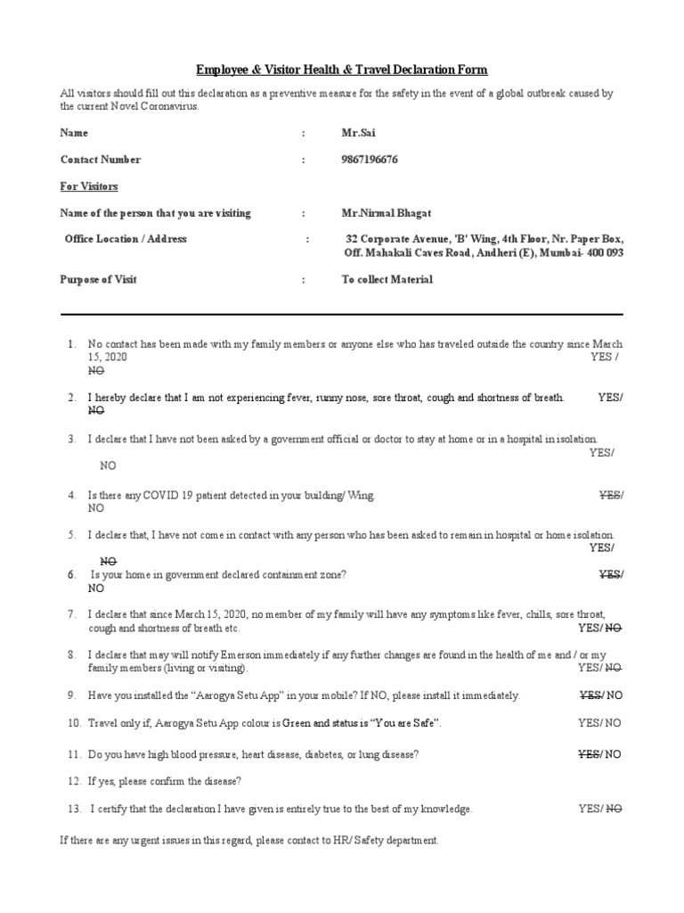 Health & Travel Declaration Form | PDF | Respiratory Diseases | Medicine