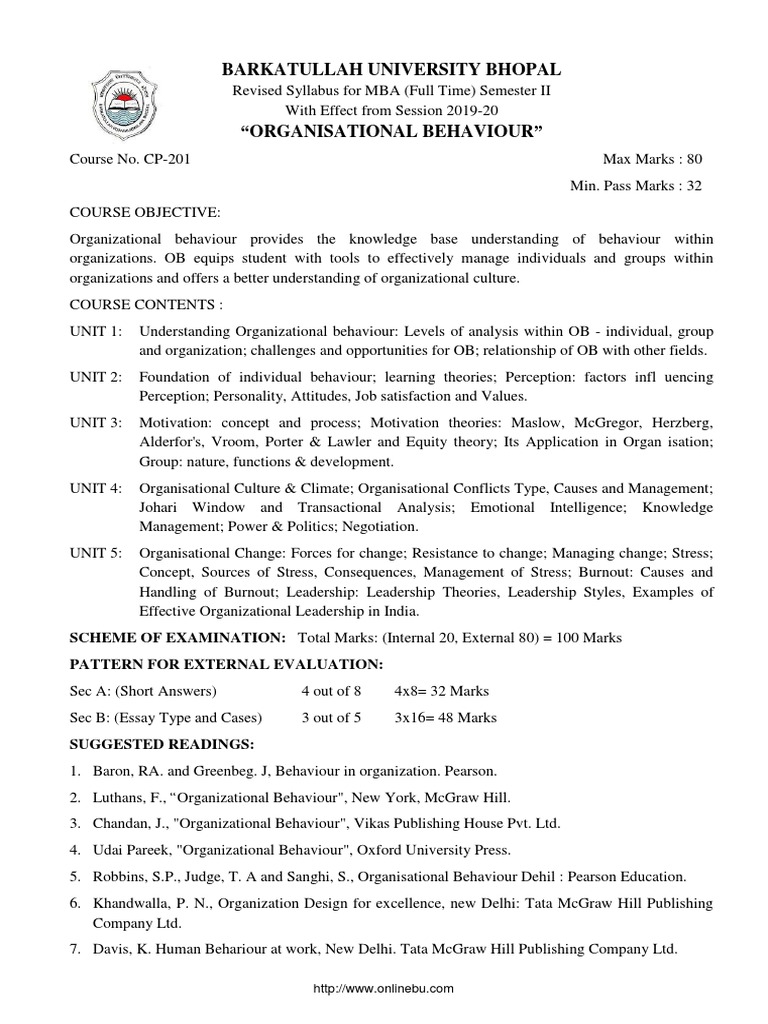 Bu Mba Syllabus Full Time 2 Sem 2019 | PDF | Organizational Behavior ...