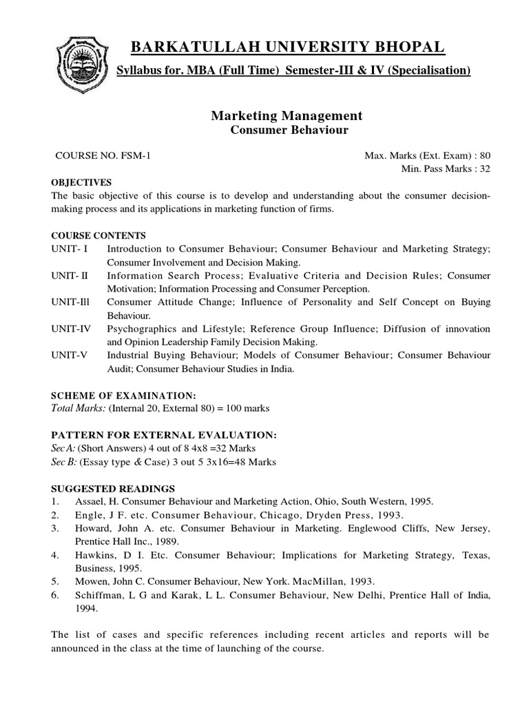 Bu Mba Syllabus Full Time 3 Sem FSM 1 Consumer Behaviour | PDF