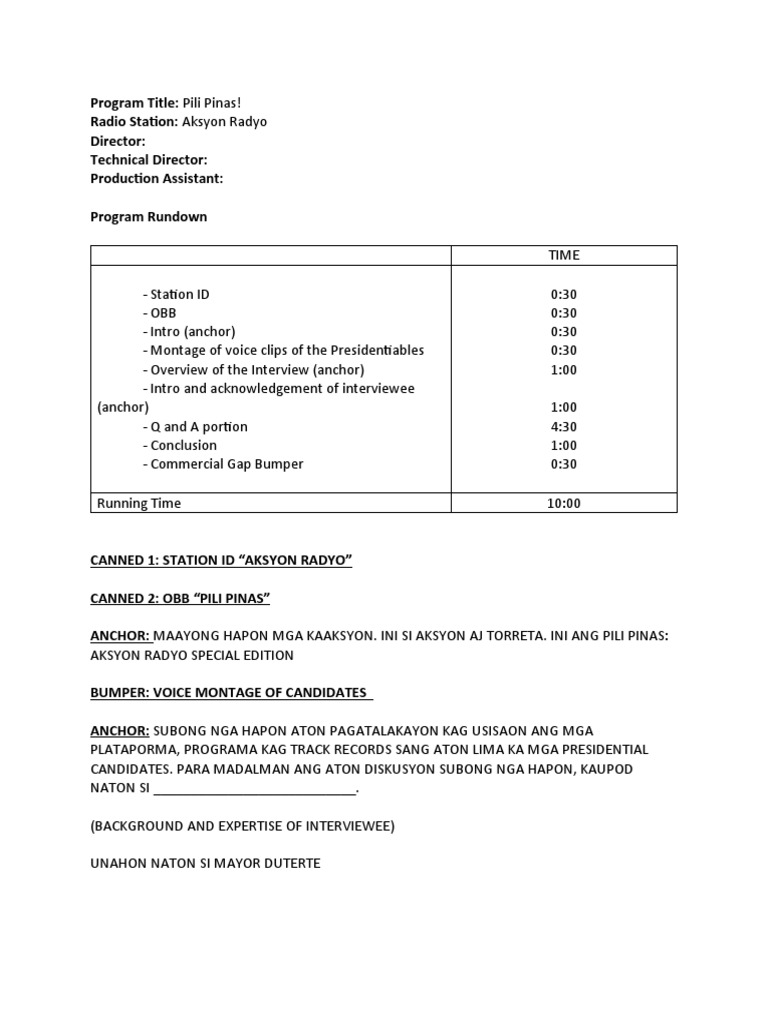 Pili Pinas Rundown Script | PDF | Rodrigo Duterte