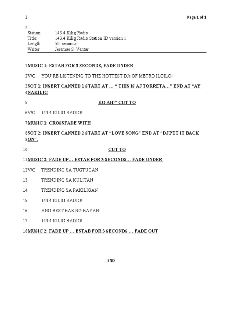 143.4 Kilig Radio Station ID Script | PDF